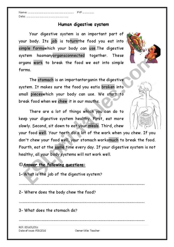 Digestive System Reading Comprehension Worksheets - Free Printable ...