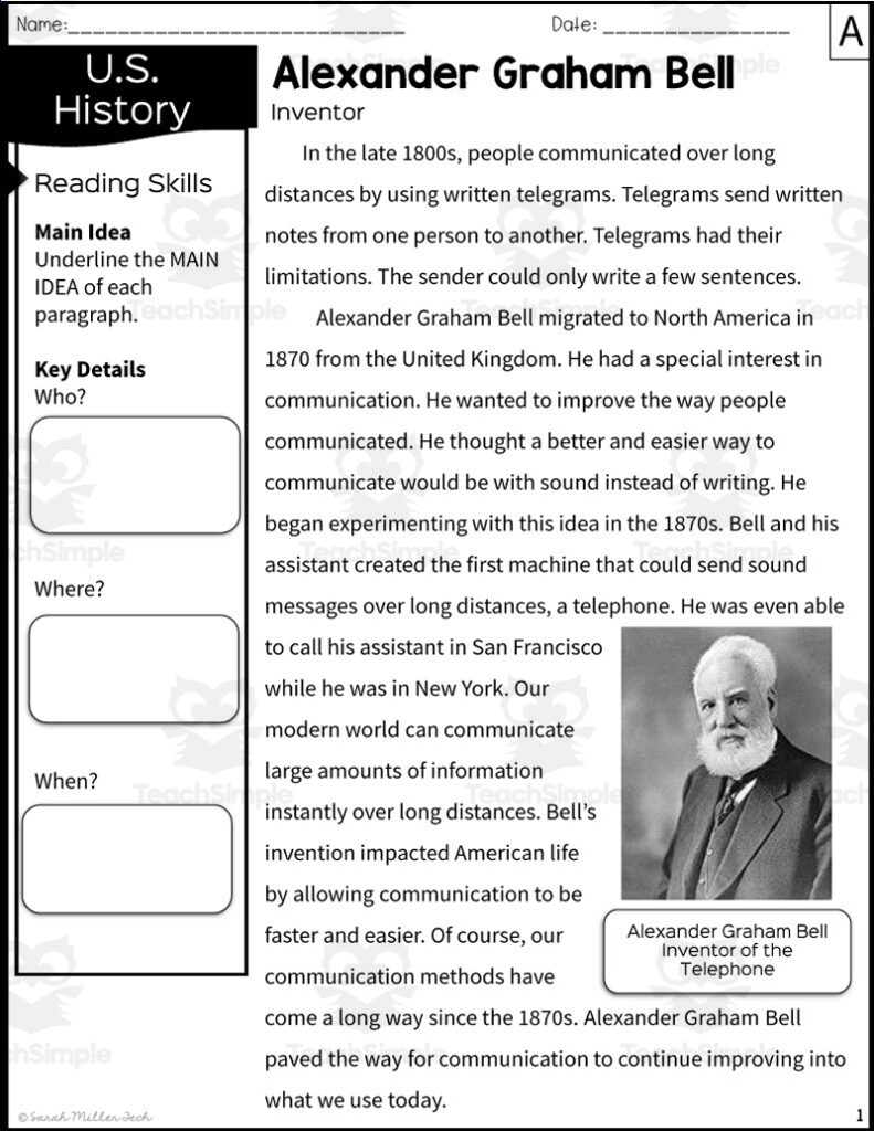 Alexander Graham Bell Reading Comprehension Worksheets - Free Printable ...