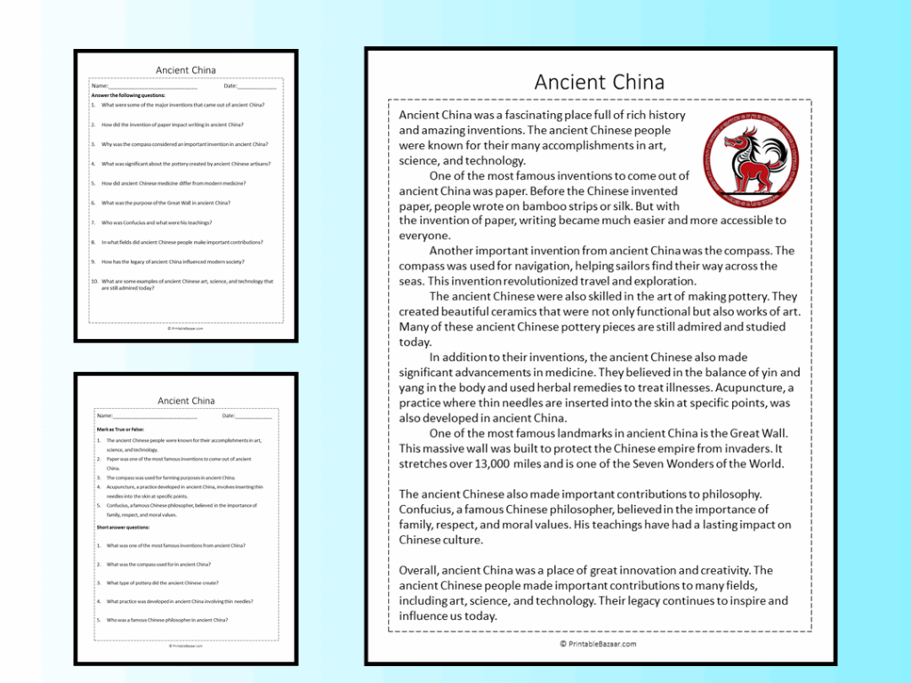 Ancient China Reading Comprehension Worksheets - Free Printable Worksheets