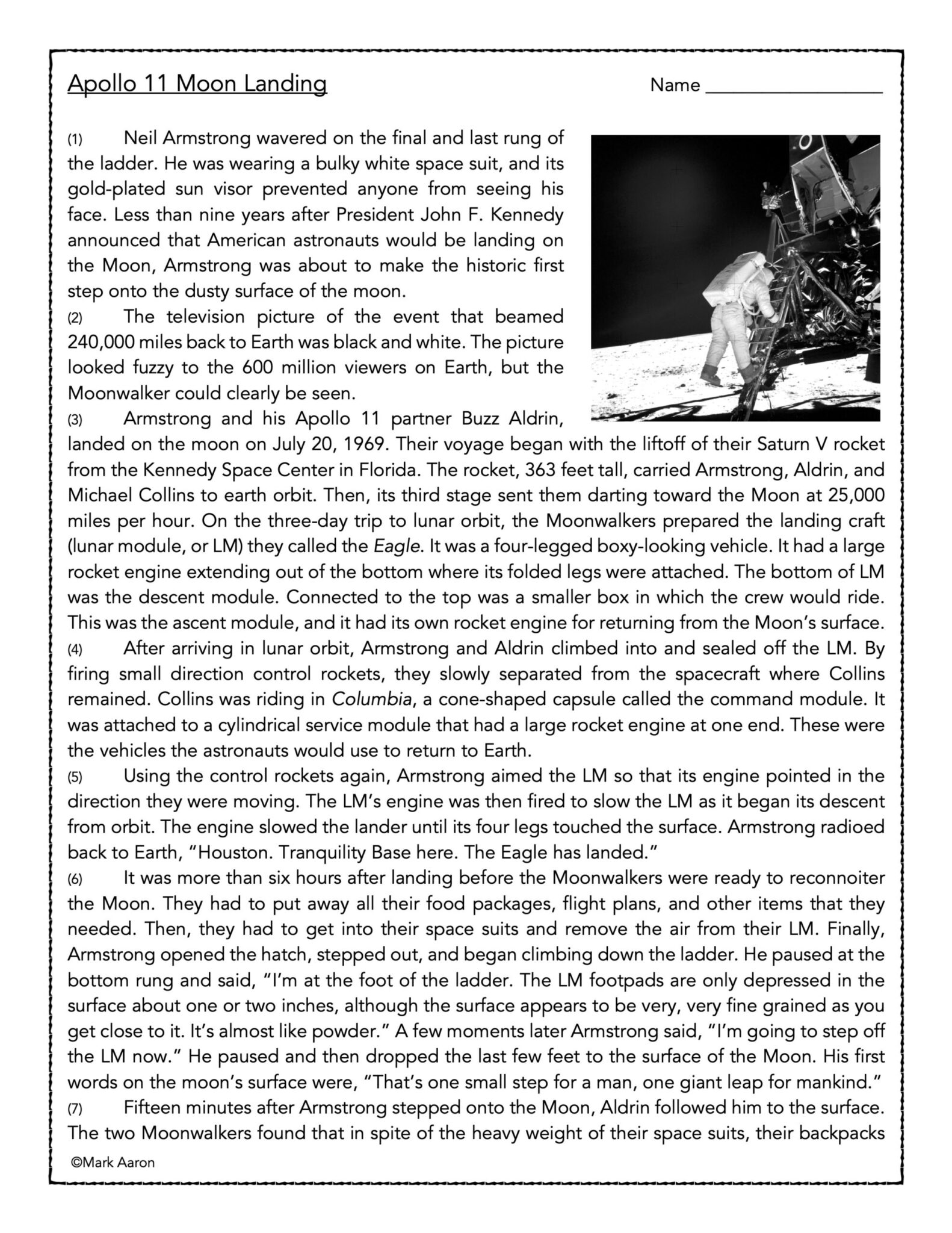 Esl Worksheets Moon Landing Reading Comprehension - Free Printable ...