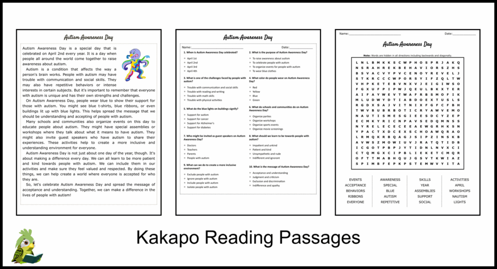 Autism Awareness Day Reading Comprehension Worksheets - Free Printable ...