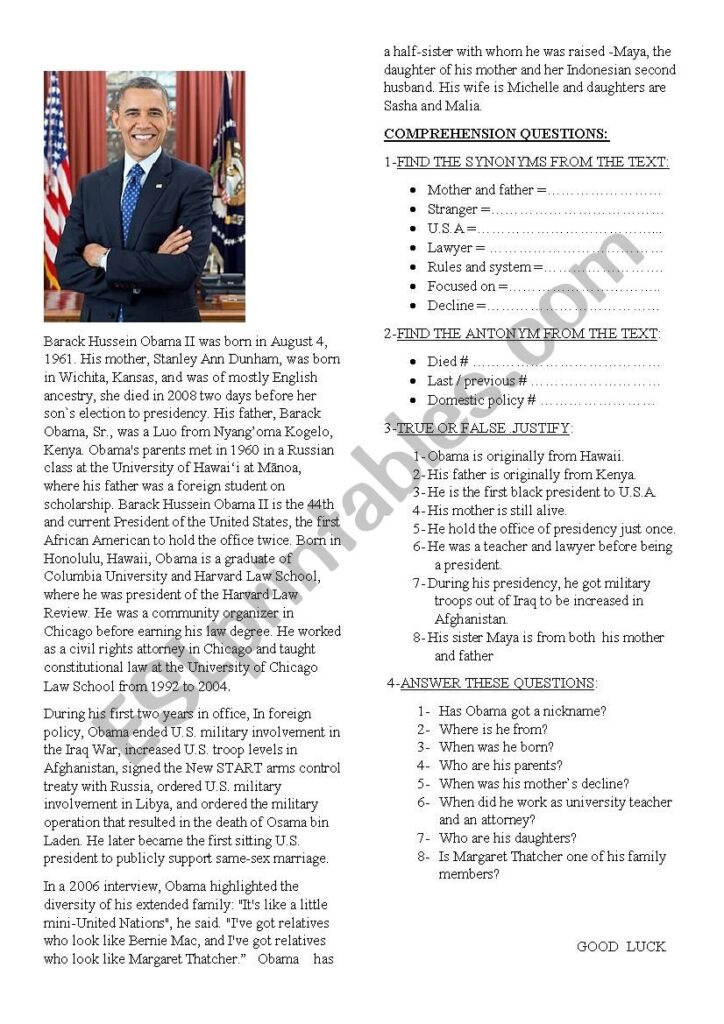 Barack Obama Reading Comprehension Worksheet - Free Printable Worksheets