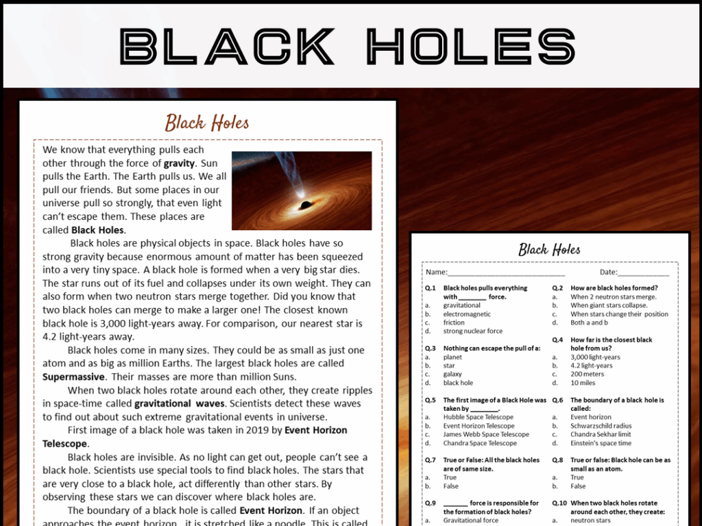 Black Hole Reading Comprehension Worksheet - Free Printable Worksheets