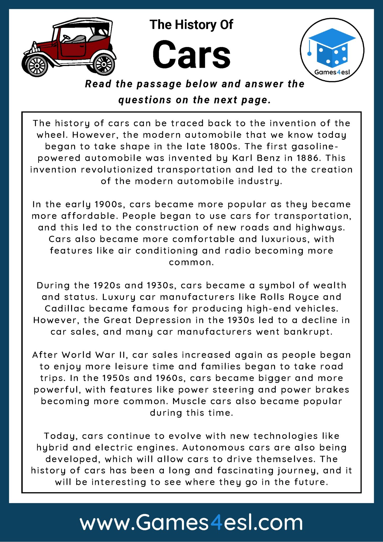 Car Reading Comprehension Worksheets Kids - Free Printable Worksheets