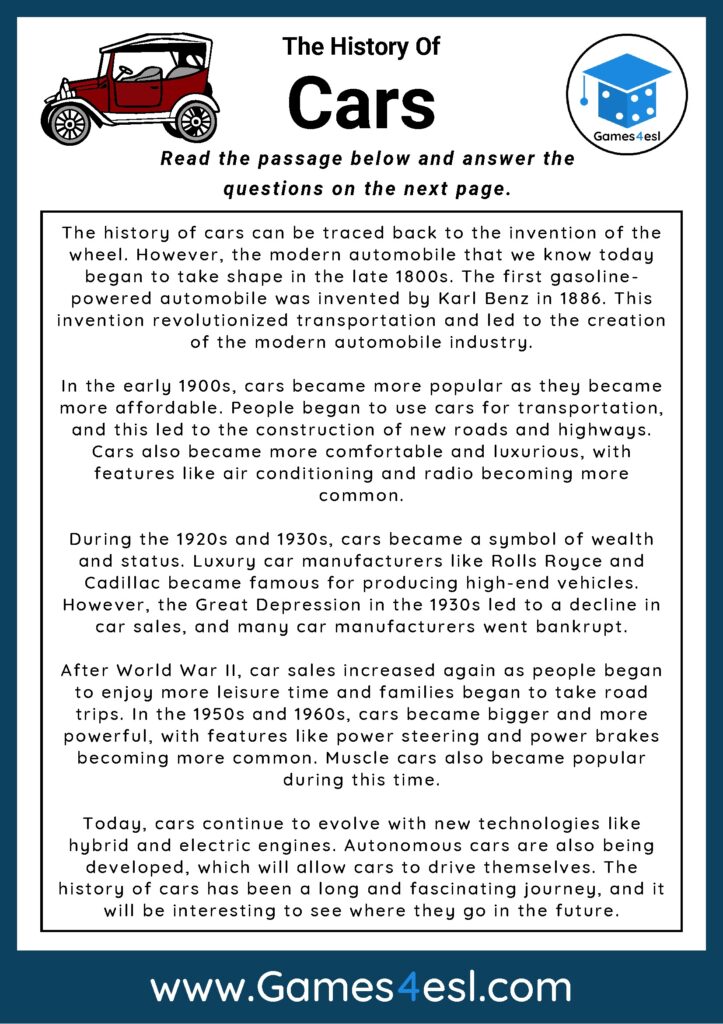 Car Reading Comprehension Worksheets Kids - Free Printable Worksheets