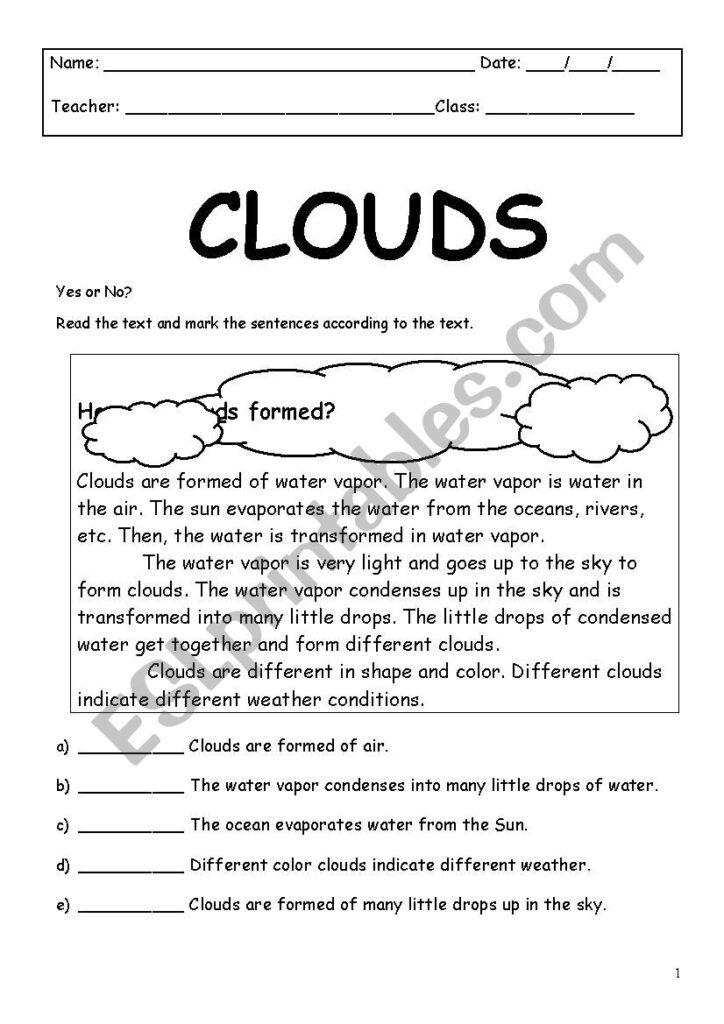 Clouds Reading Comprehension Worksheet - Free Printable Worksheets