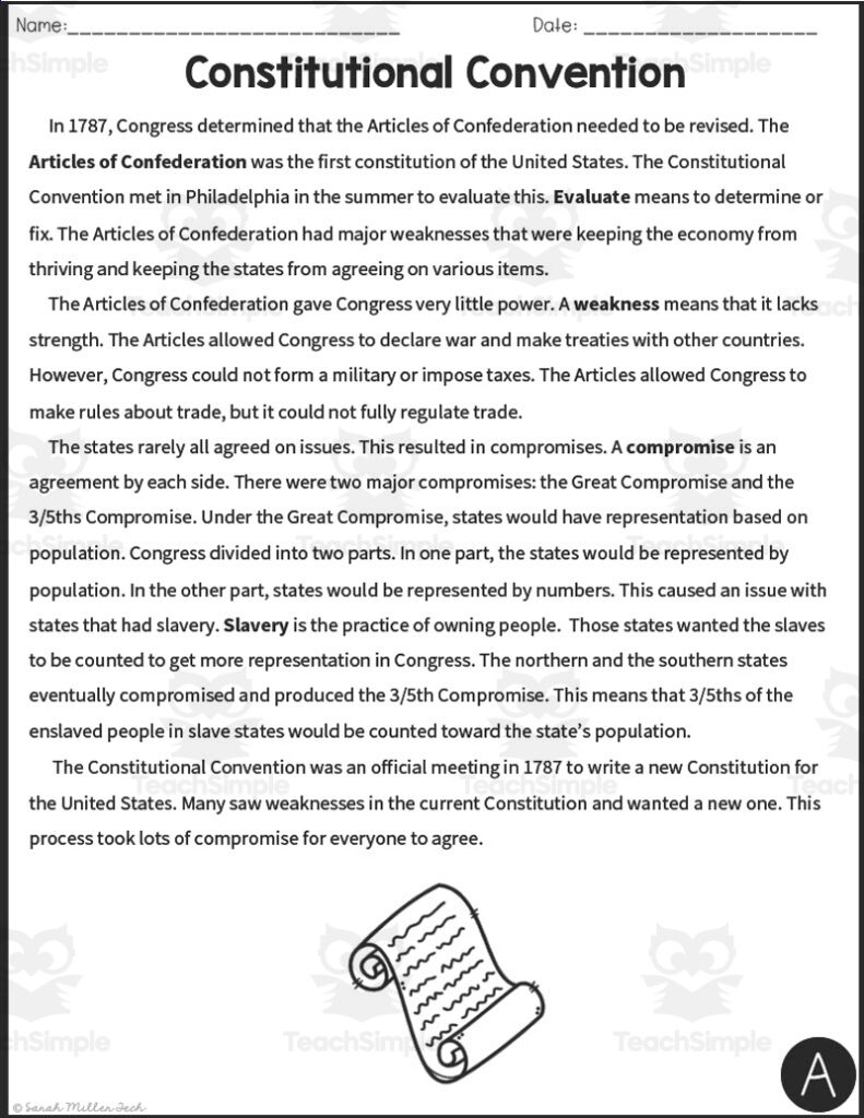 Constitutional Convention Reading Comprehension Worksheets - Free ...
