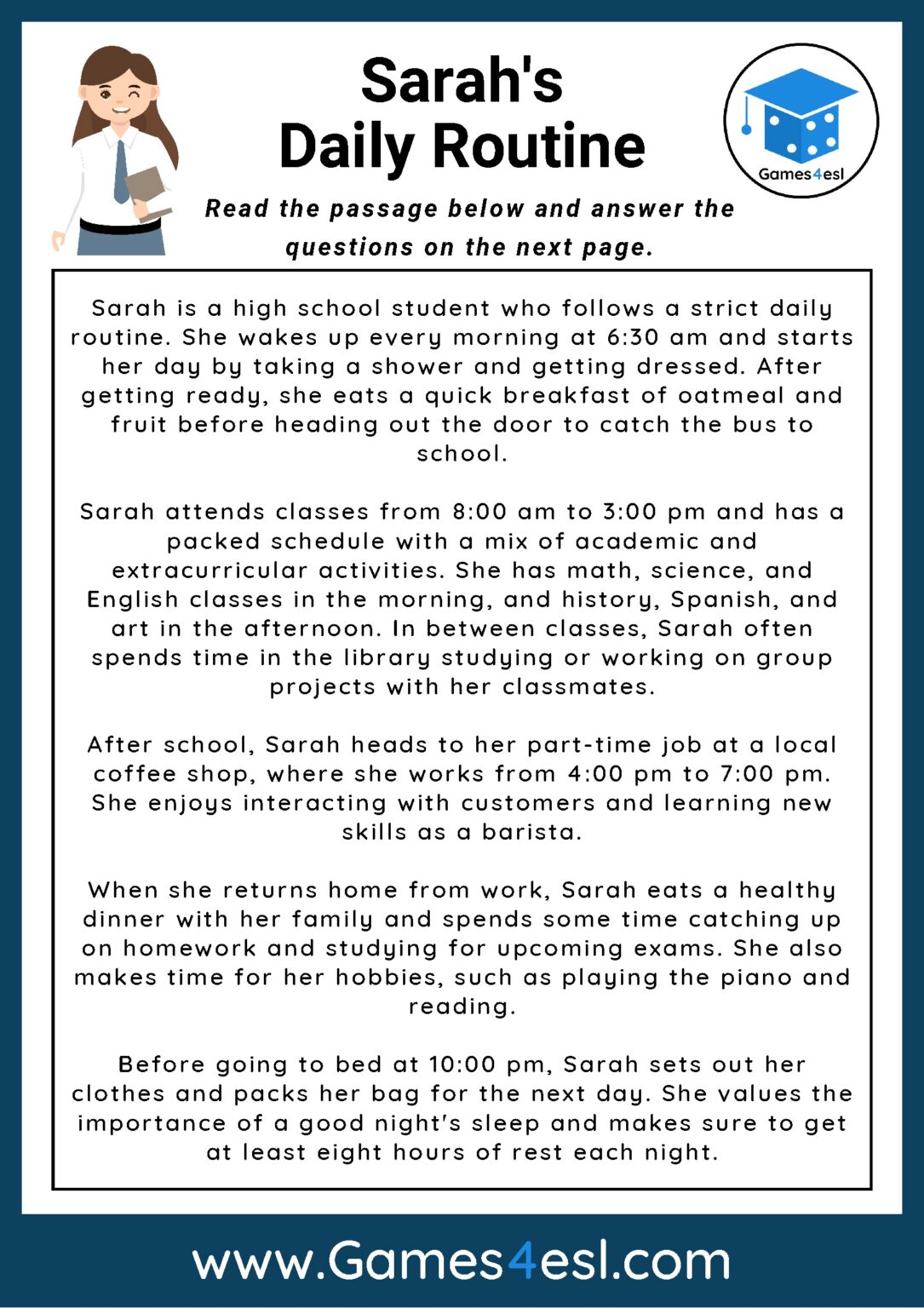 Daily Routine Reading Comprehension Worksheet Pdf - Free Printable ...