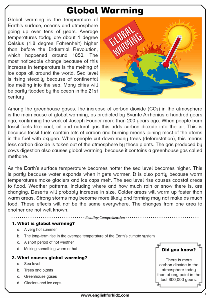 Global Warming Reading Comprehension Worksheet - Free Printable Worksheets