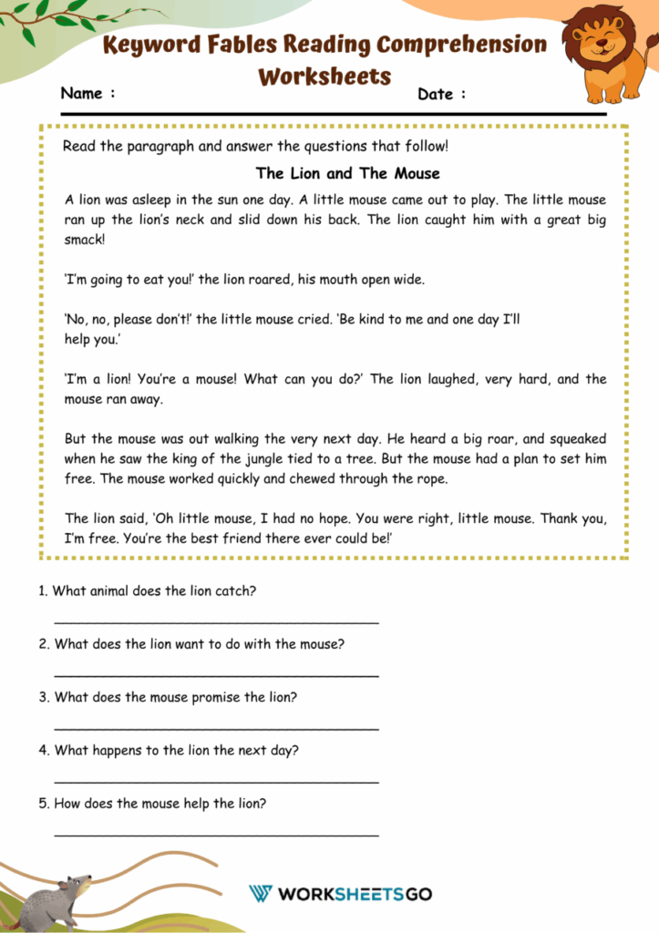 Fable Reading Comprehension Worksheets Pdf - Free Printable Worksheets