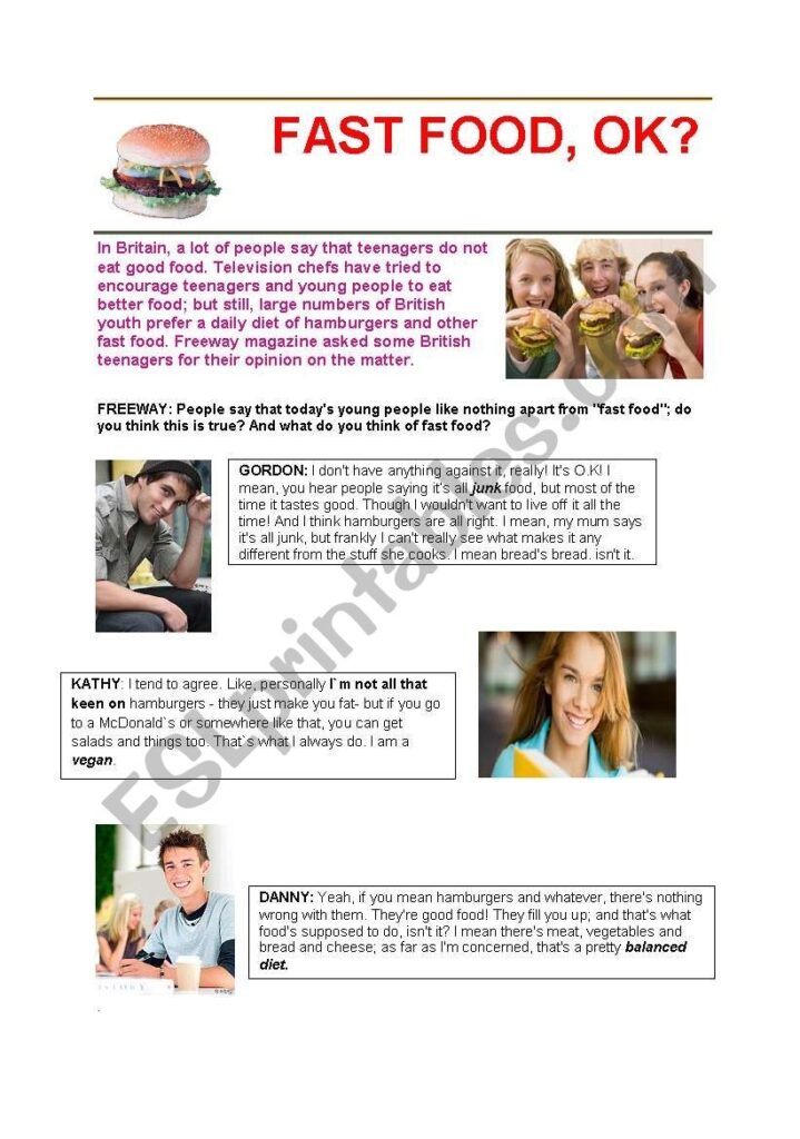 Fast Food Reading Comprehension Worksheets - Free Printable Worksheets