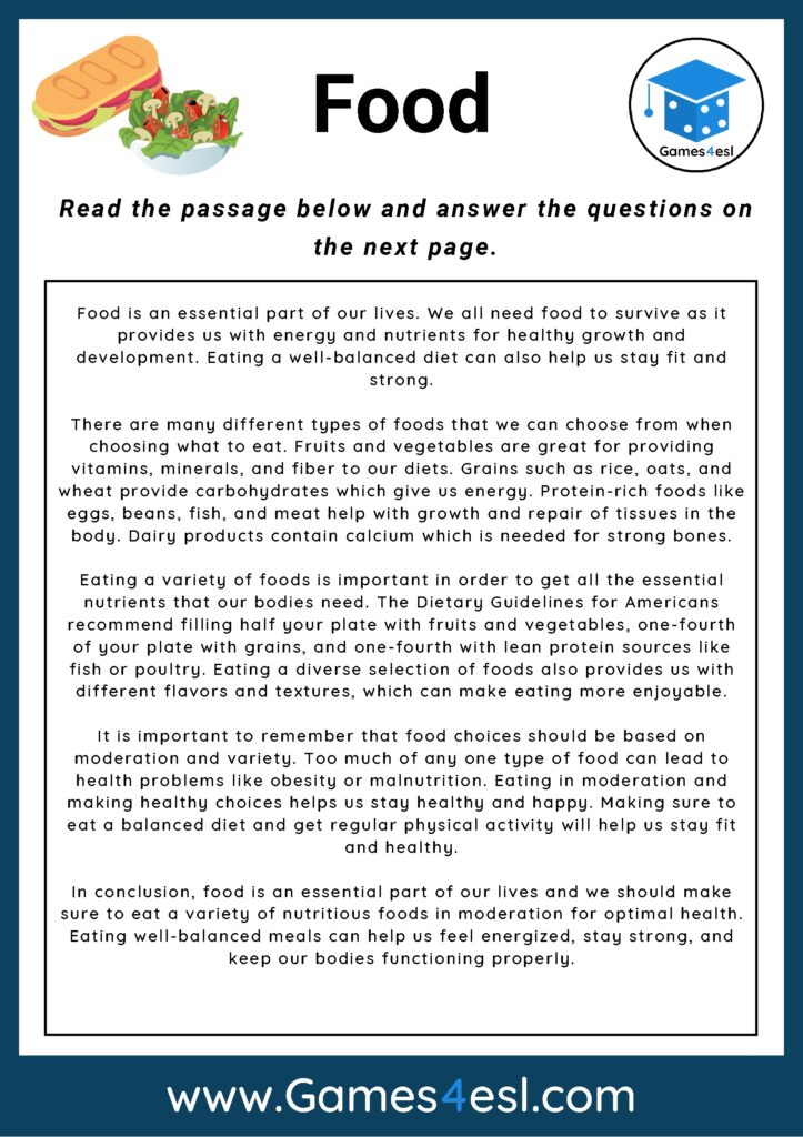 Esl Worksheets Food Reading Comprehension - Free Printable Worksheets