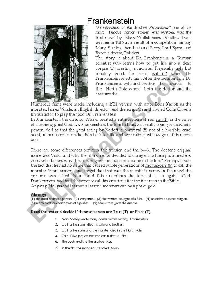 Frankenstein Reading Comprehension Worksheet - Free Printable Worksheets