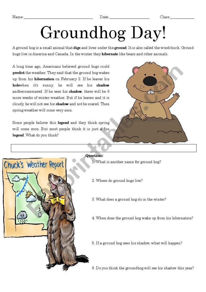Groundhog Day Reading Comprehension Worksheet Pdf - Free Printable ...