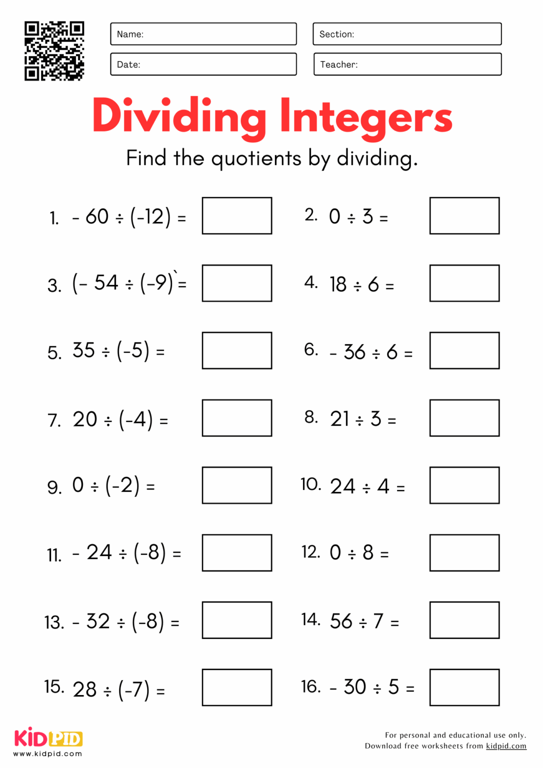 Free Printable Dividing Integers Worksheets - Free Printable Worksheets