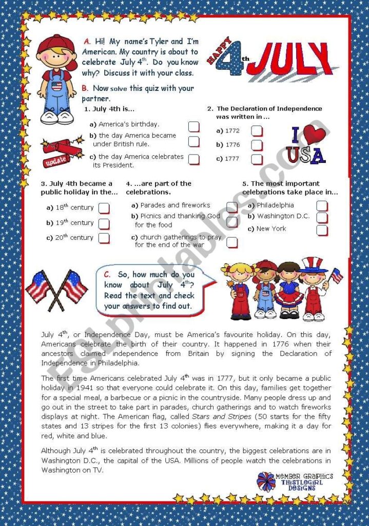 4th Of July Reading Comprehension Worksheet - Free Printable Worksheets