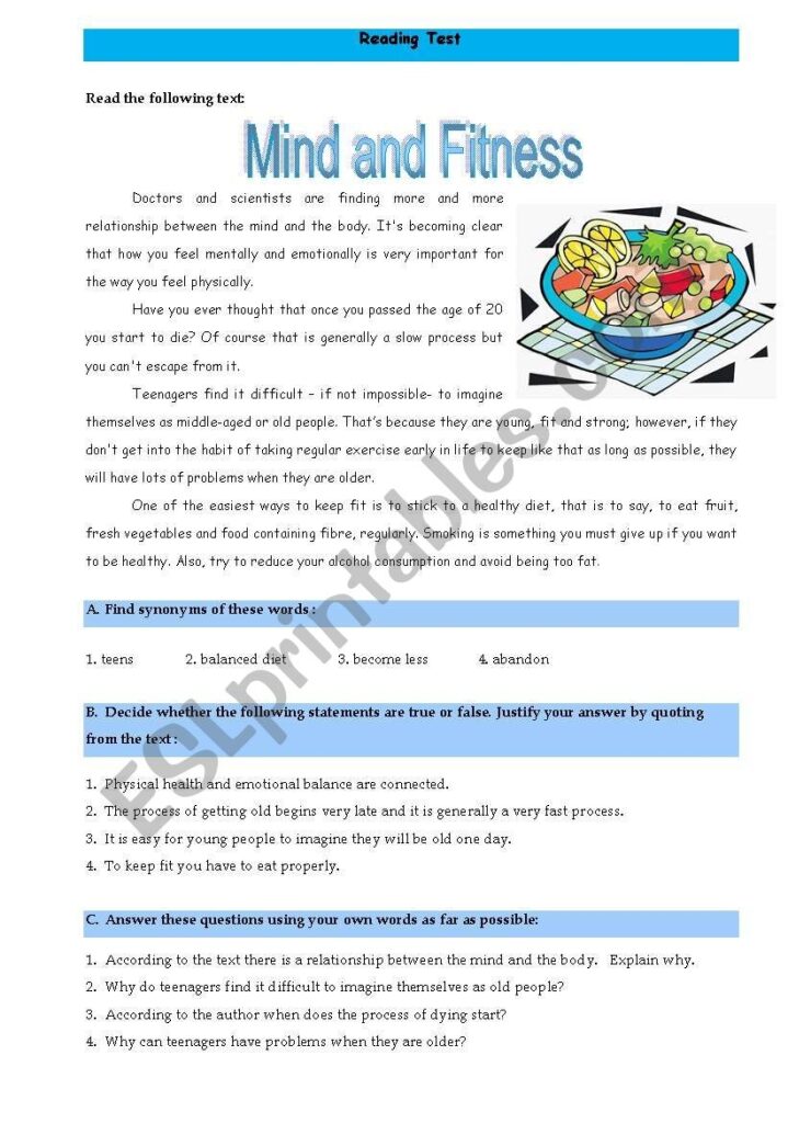 Health And Fitness Reading Comprehension Worksheets - Free Printable ...