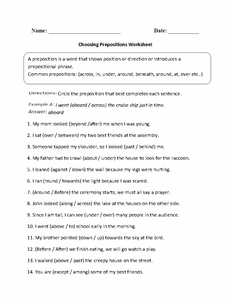 Directional Prepositional Phrases Worksheet Free Printable - Free ...