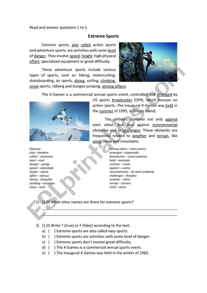 Extreme Sports Reading Comprehension Worksheets - Free Printable Worksheets
