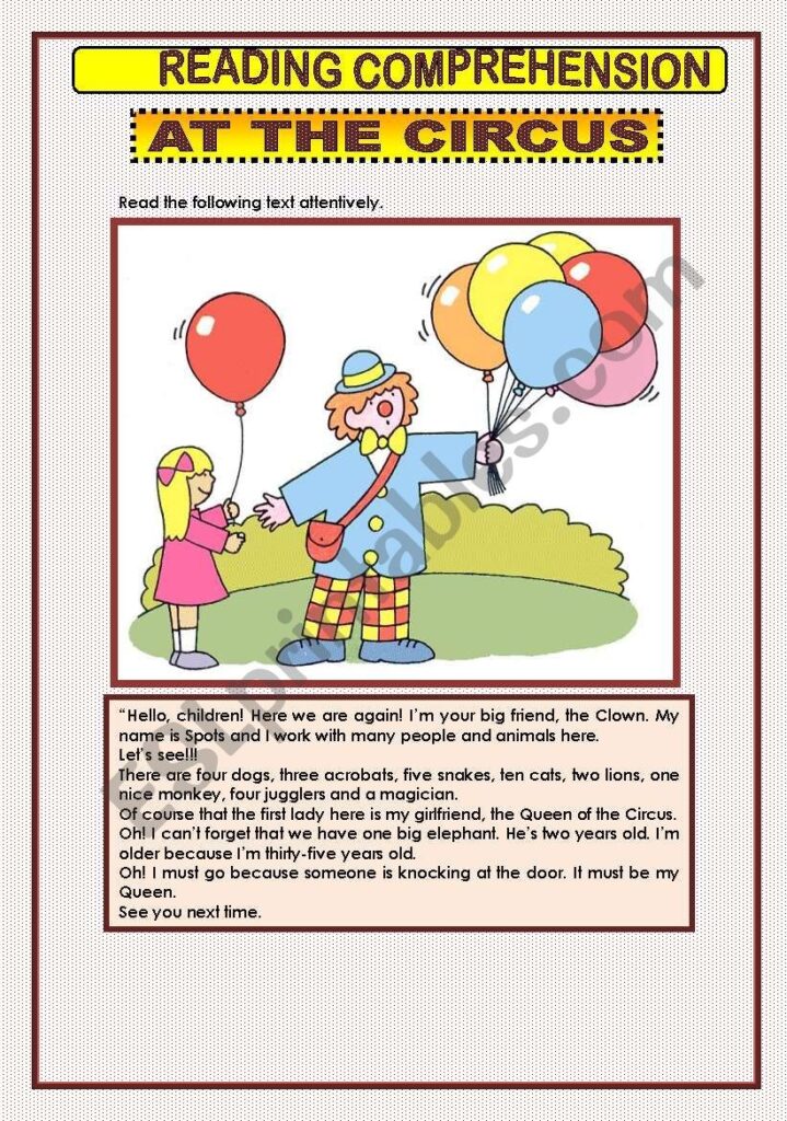 Circus Reading Comprehension Worksheet - Free Printable Worksheets