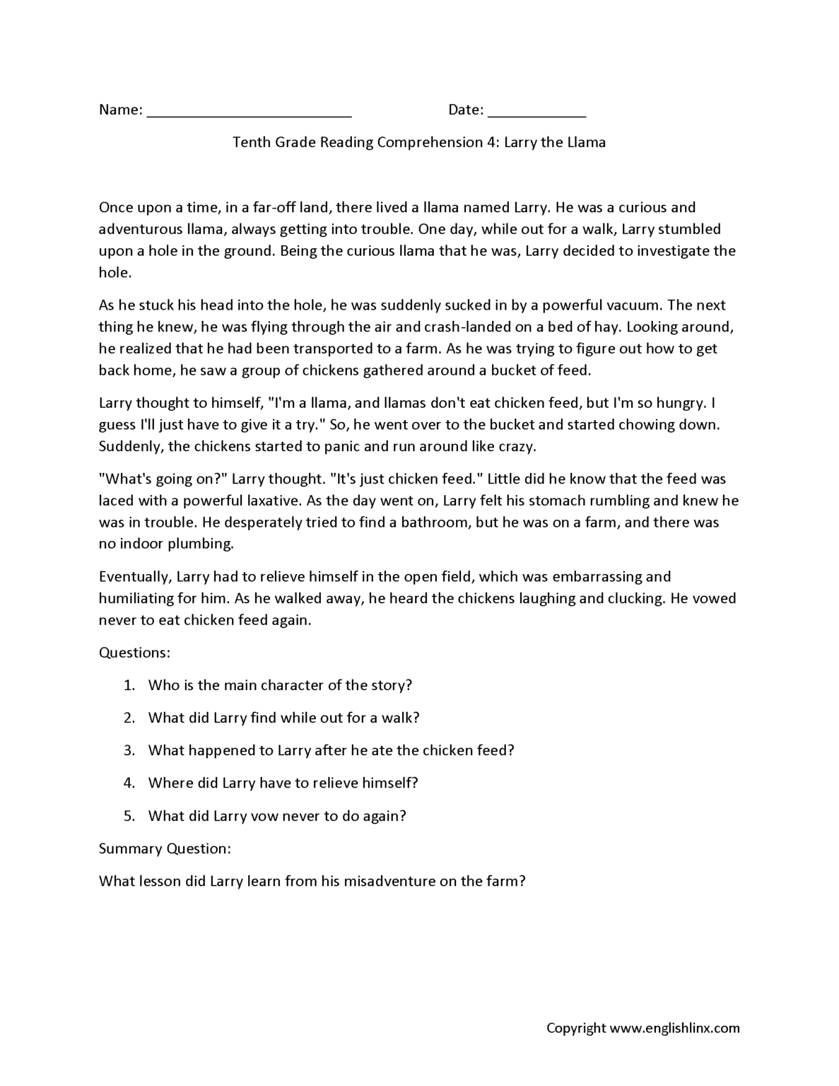 Grade 10 Reading Comprehension Worksheets - Free Printable Worksheets