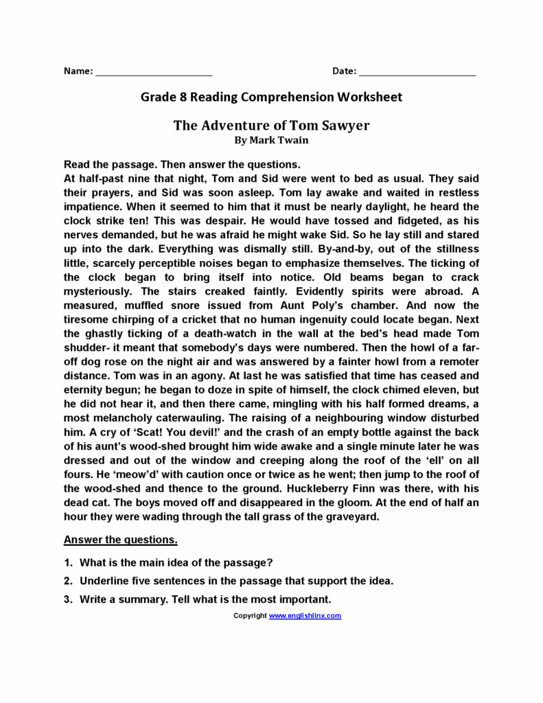 Grade 8 Reading Comprehension Worksheets Free - Free Printable Worksheets