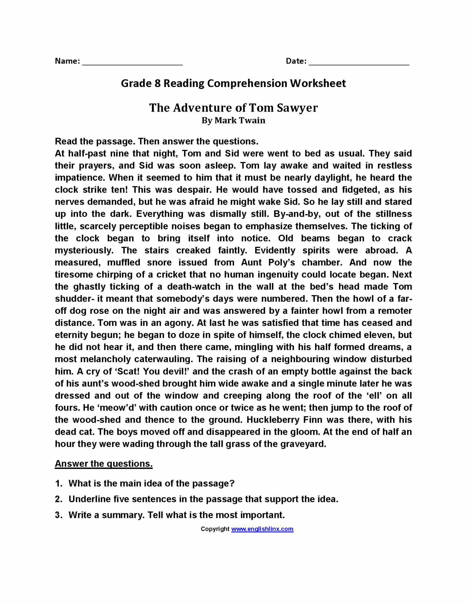 8th Grade Reading Comprehension Worksheets Printable - Free Printable ...