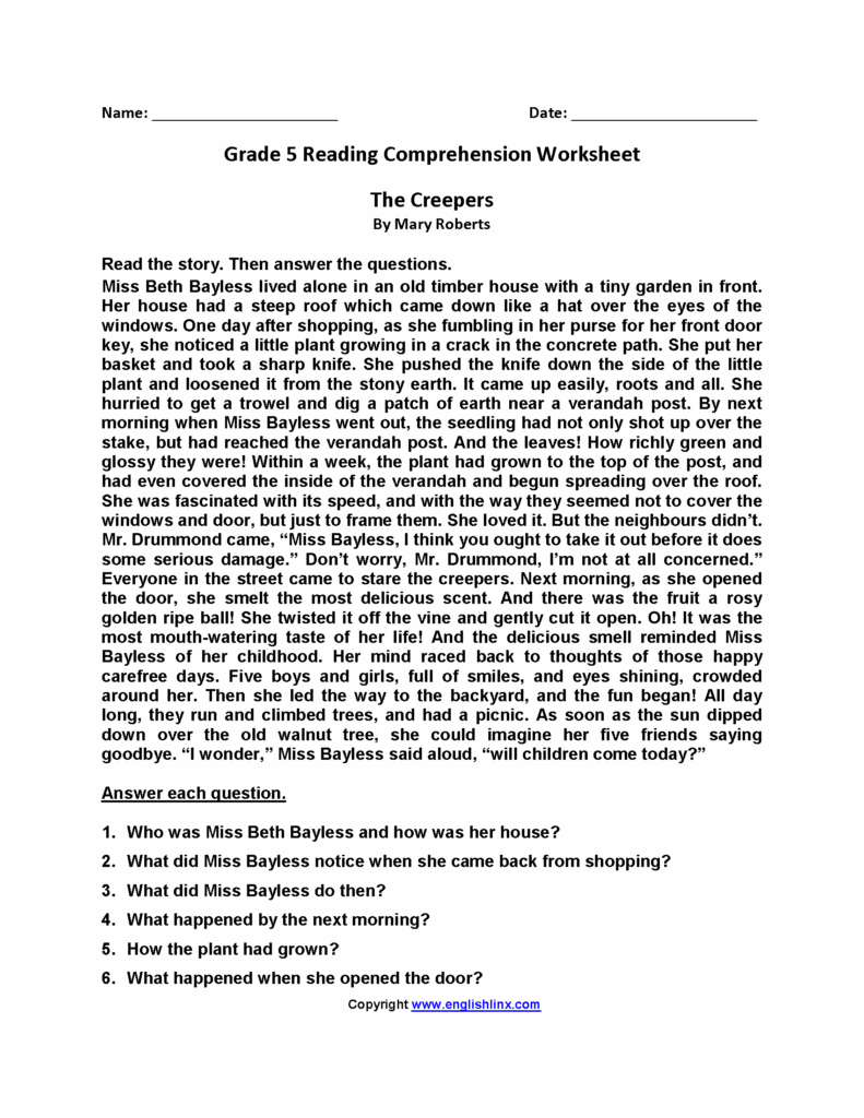 5th Grade Reading Comprehension Worksheets Plus - Free Printable Worksheets