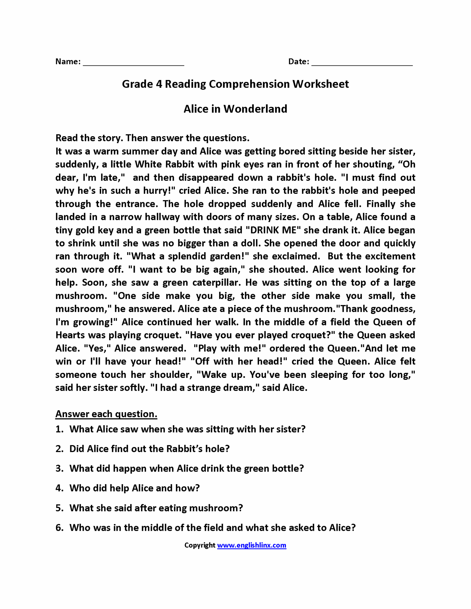 4rd Grade Reading Comprehension Worksheets - Free Printable Worksheets