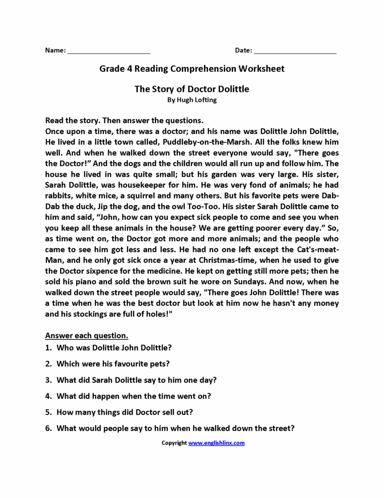 Esl Reading Comprehension Worksheets Grade 4 - Free Printable Worksheets