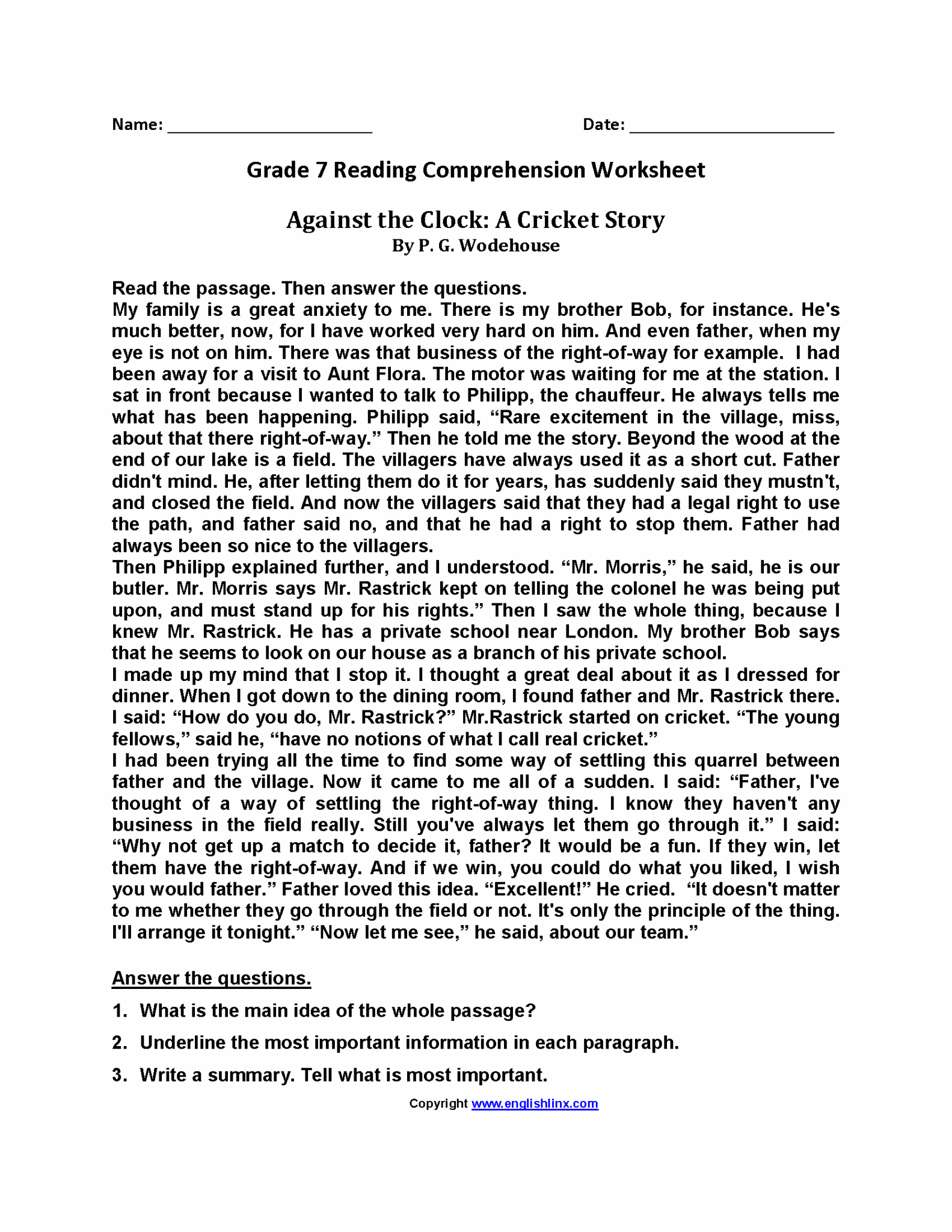 7 Grade Reading Comprehension Worksheets Pdf - Free Printable Worksheets