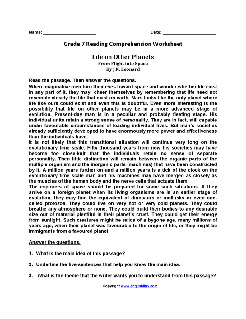 Grade 7 Reading Comprehension Worksheets Printable - Free Printable ...