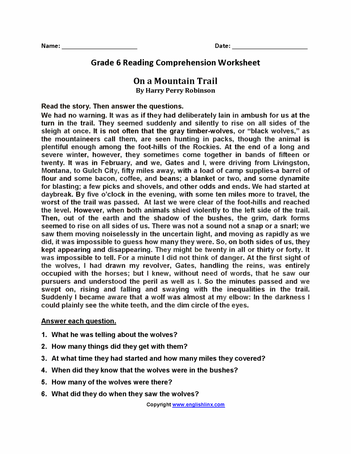 6th Grade Reading Comprehension Worksheets Online - Free Printable ...