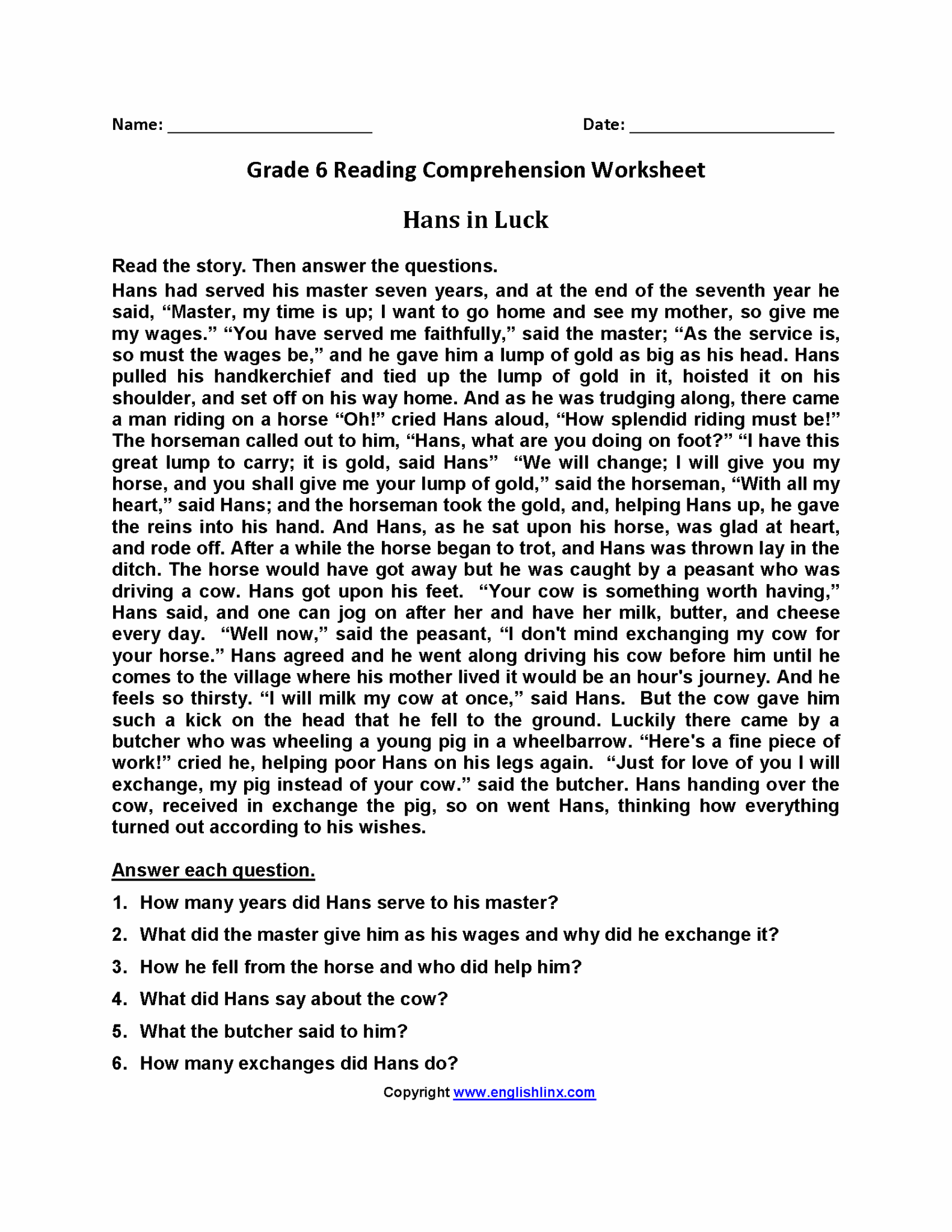 Grade 6 Reading Comprehension Printable Worksheets - Free Printable ...