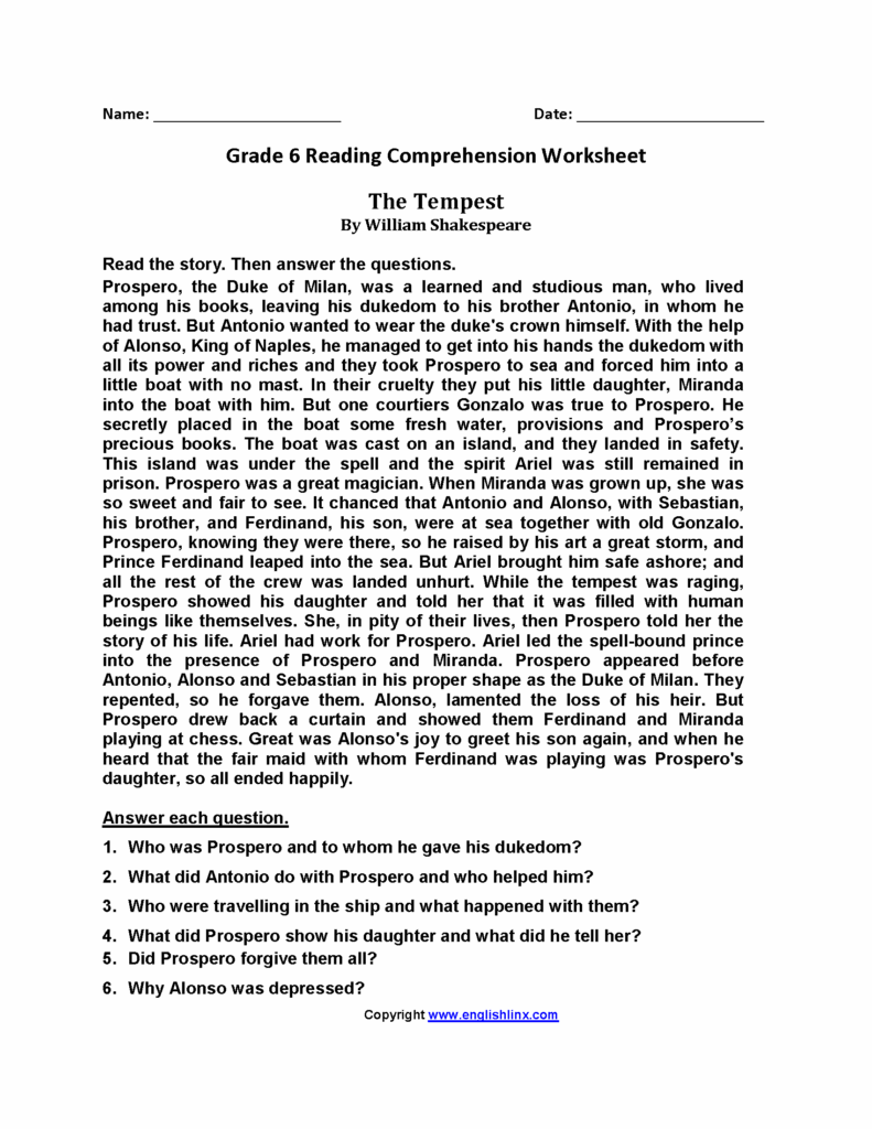 Grade 6 Reading Comprehension Pdf Worksheet - Free Printable Worksheets
