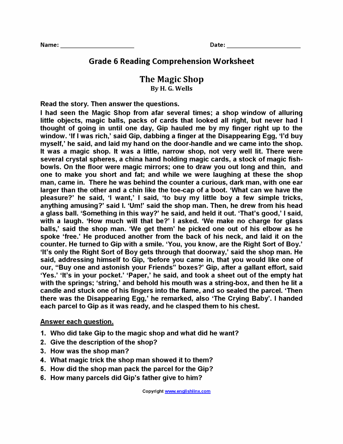 Grade 6 Reading Comprehension Worksheets Printable - Free Printable ...