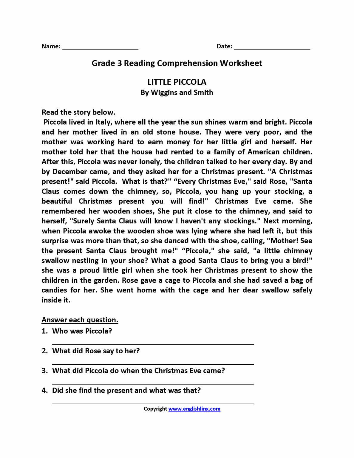 3rd Grade Level Reading Comprehension Worksheets - Free Printable ...