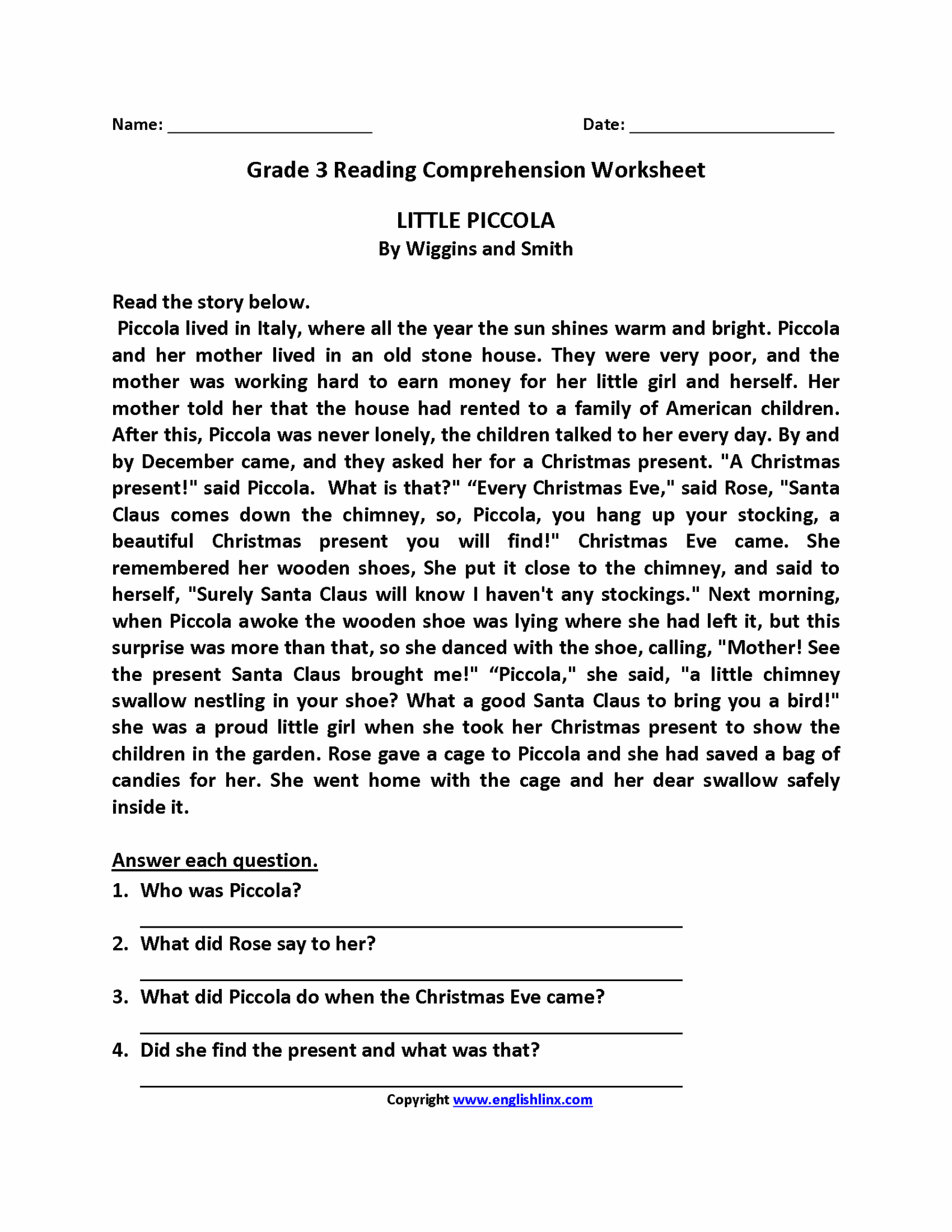 3rd Grade Level Reading Comprehension Worksheets - Free Printable ...