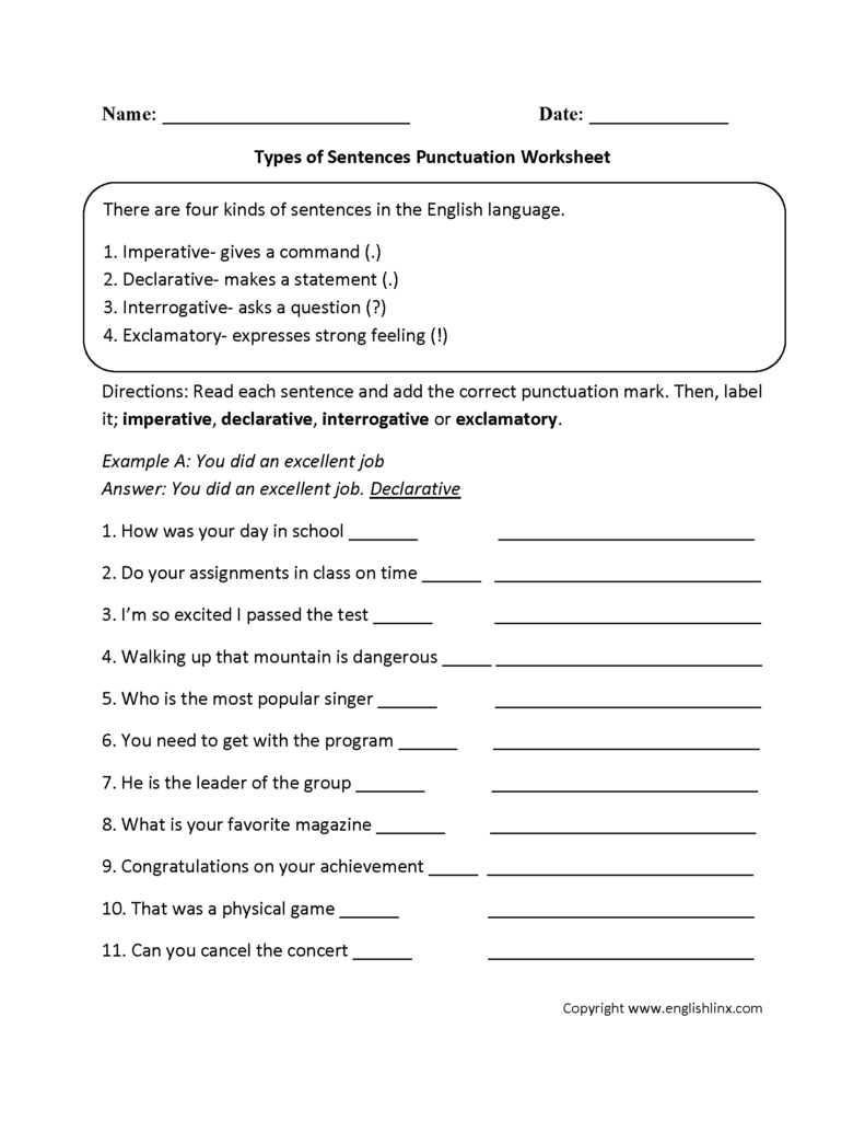 Free Printable Types Of Sentences Worksheets - Free Printable Worksheets