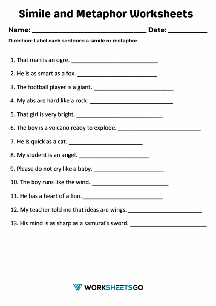 Free Printable Simile And Metaphor Worksheet - Free Printable Worksheets