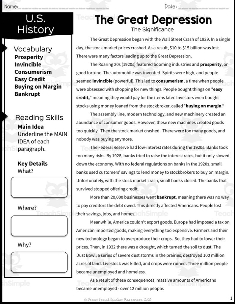 Great Depression Reading Comprehension Worksheet - Free Printable ...